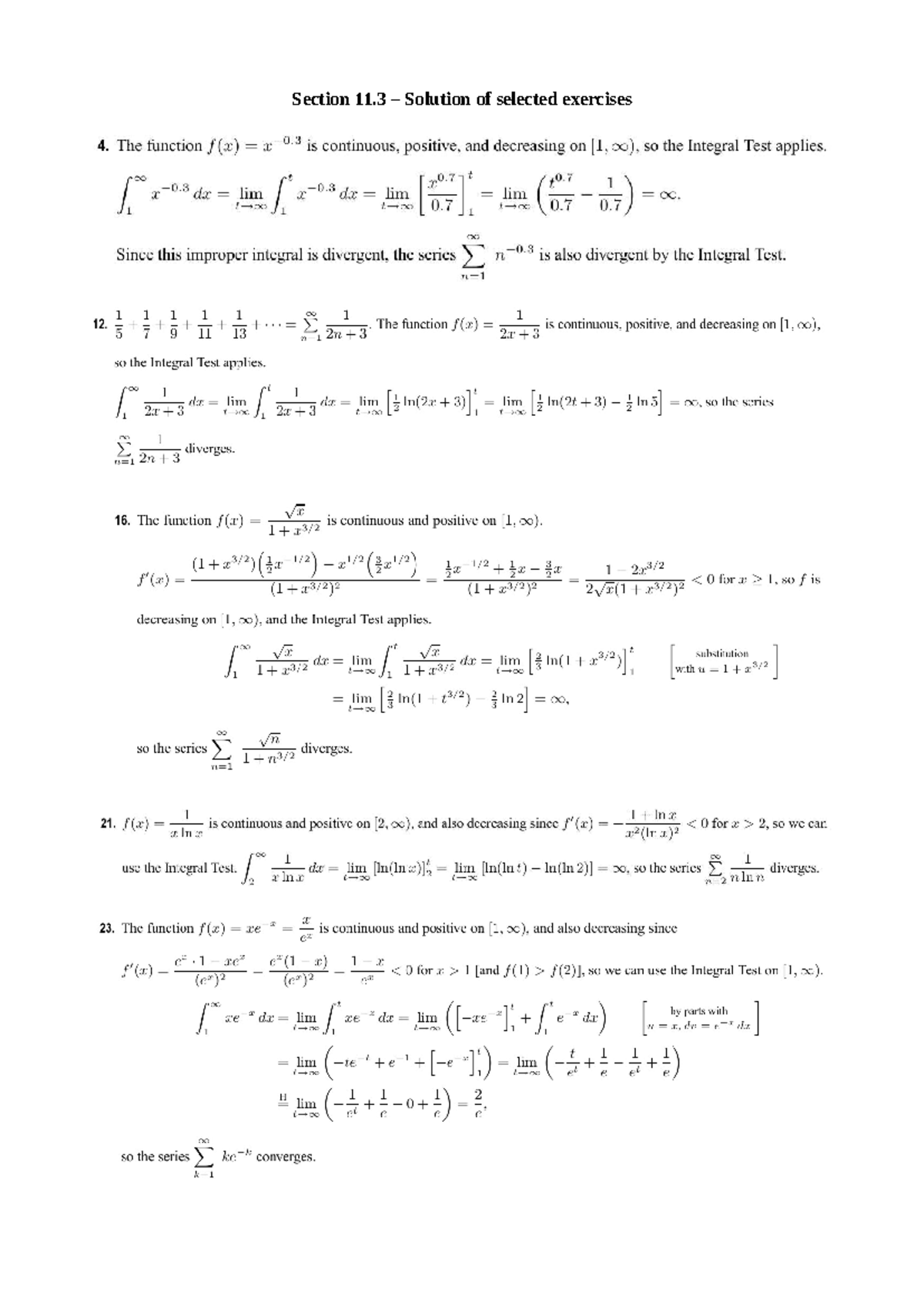 11 - Tut Solutions: Integral Test for Series Convergence Analysis - Studocu