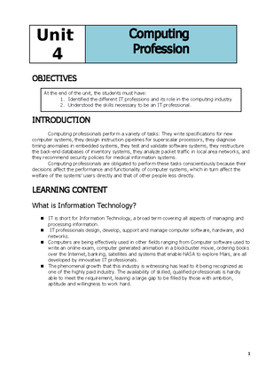 Unit 1- Introduction to Computing - Unit 1 Introduction to Computing OBJECTIVES INTRODUCTION The ...