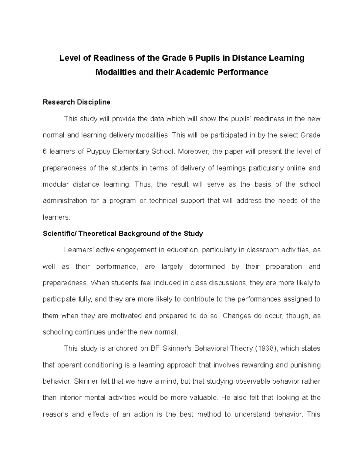 Level of Readiness of the Grade 6 Pupils in Distance Learning ...