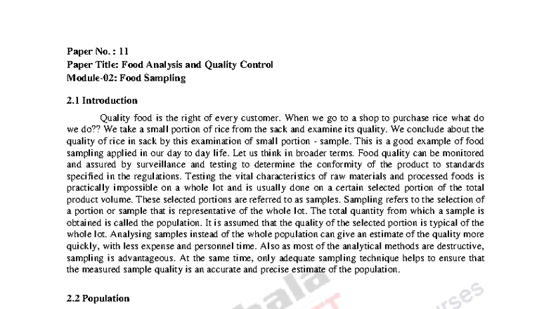 Food Sampling and Analysis: Quality Control Techniques - Studocu