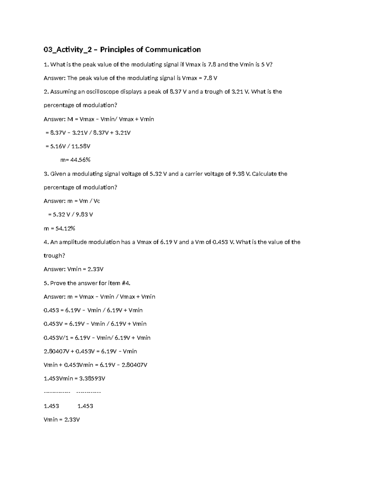 03 Activity 2 - Principles of Communication: Modulation Calculations ...