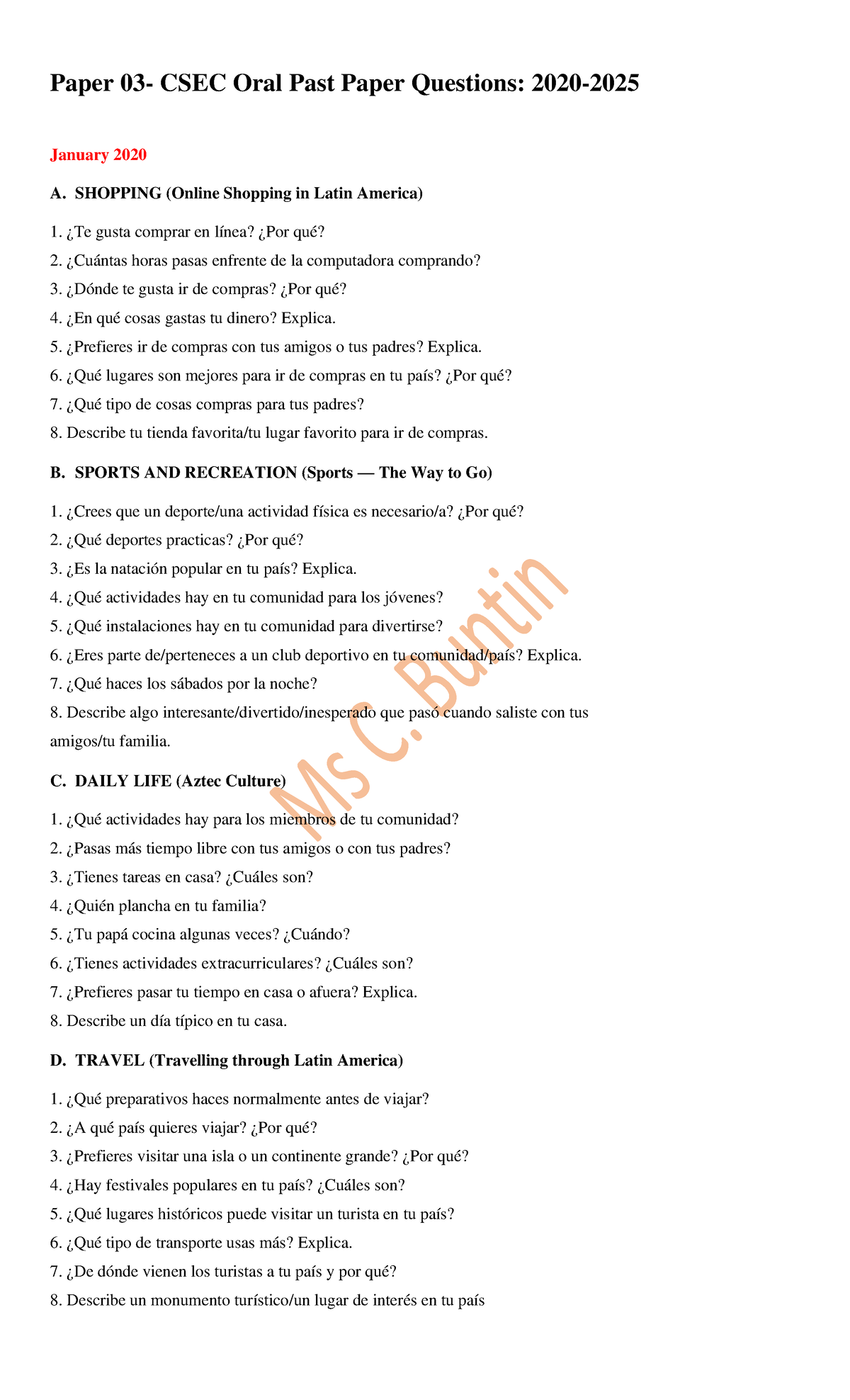 Paper 03 Question January & June (2020-2025) - Paper 03- CSEC Oral Past ...