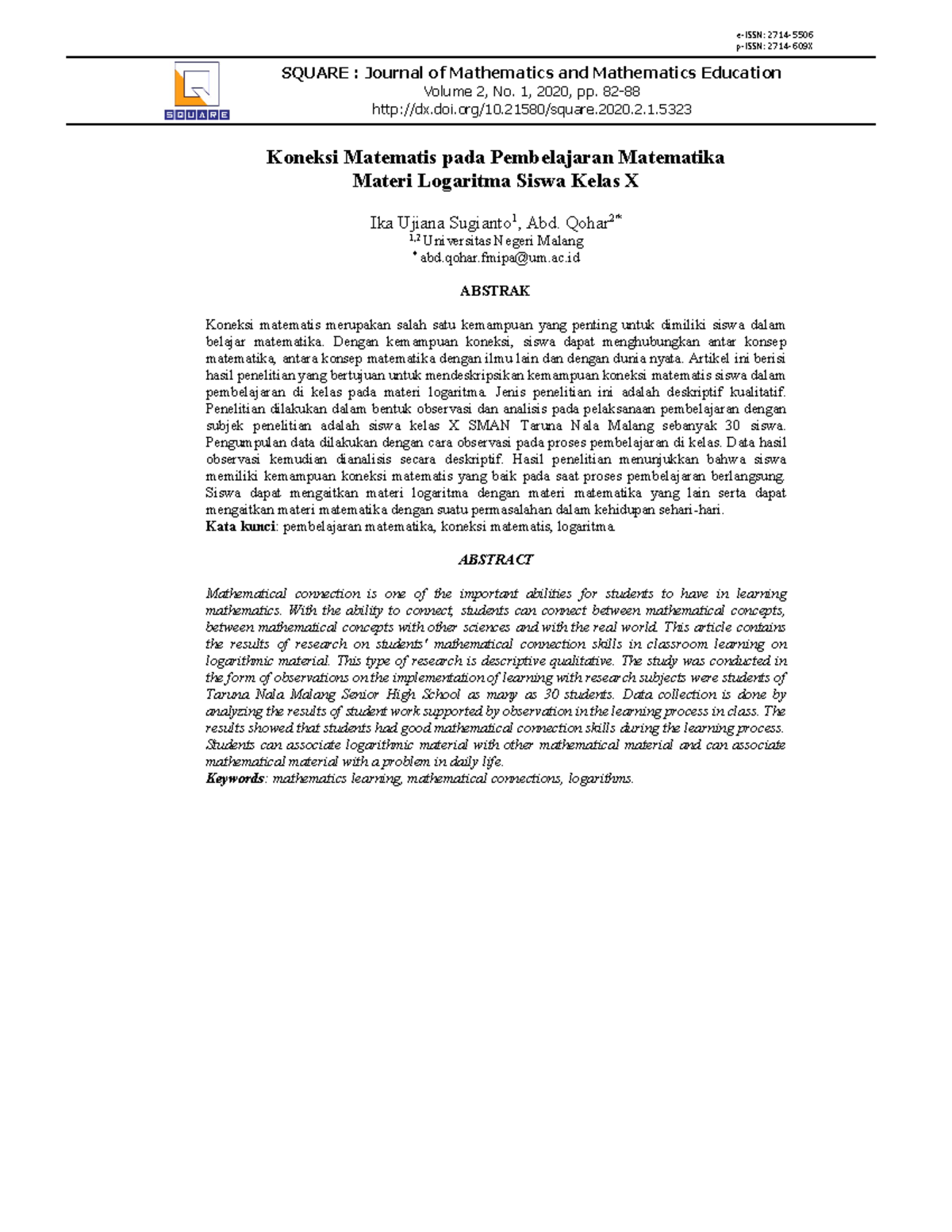 Koneksi Matematis pada Pembelajaran Matematika - SQUARE : Journal of Mathematics and Mathematics ...