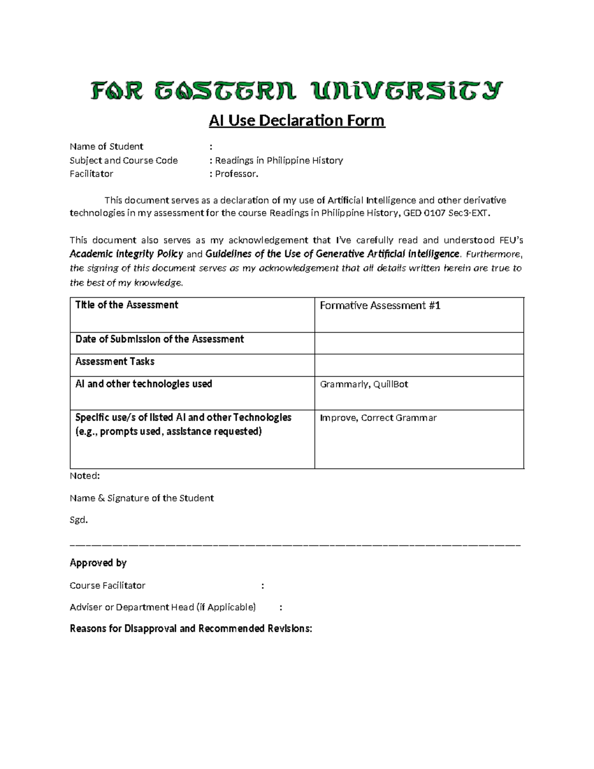 AI Use Declaration Form for GED 0107: Readings in Philippine History ...