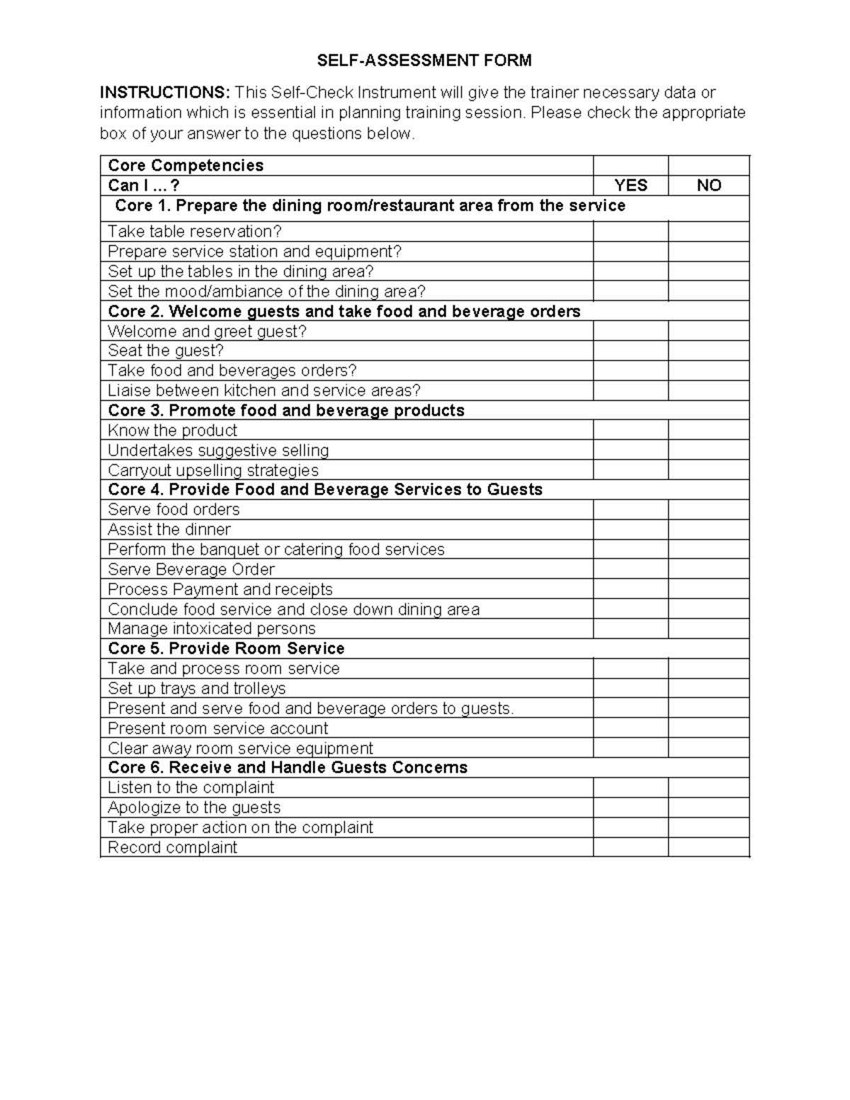 Planning training session forms - SELF-ASSESSMENT FORM INSTRUCTIONS ...