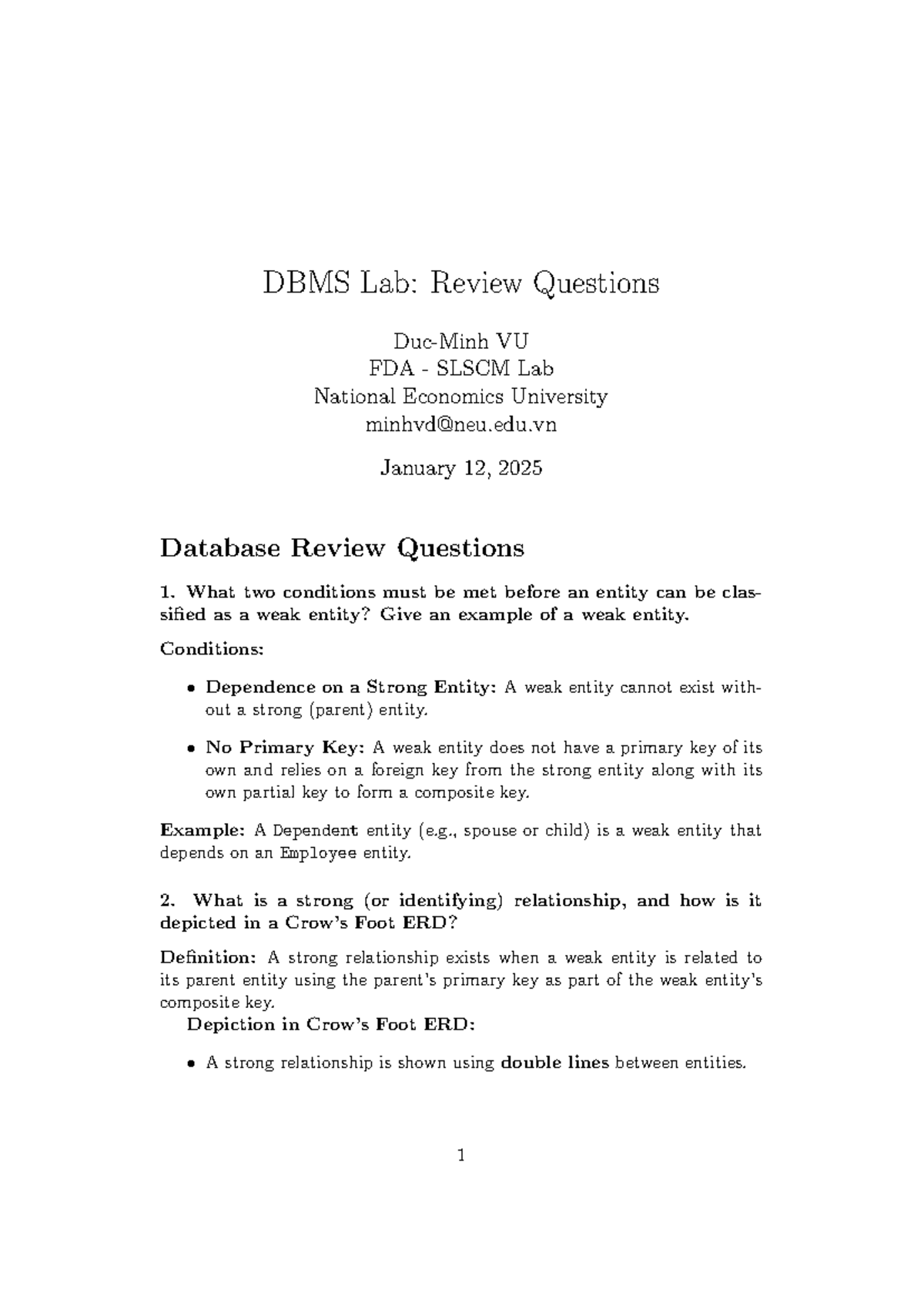 DBMS Lab: Review Questions VU FDA SLSCM - January 2025 - Studocu