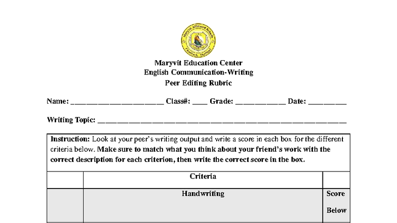 English 2025 Peer Editing Rubric for Writing Assessment - Studocu