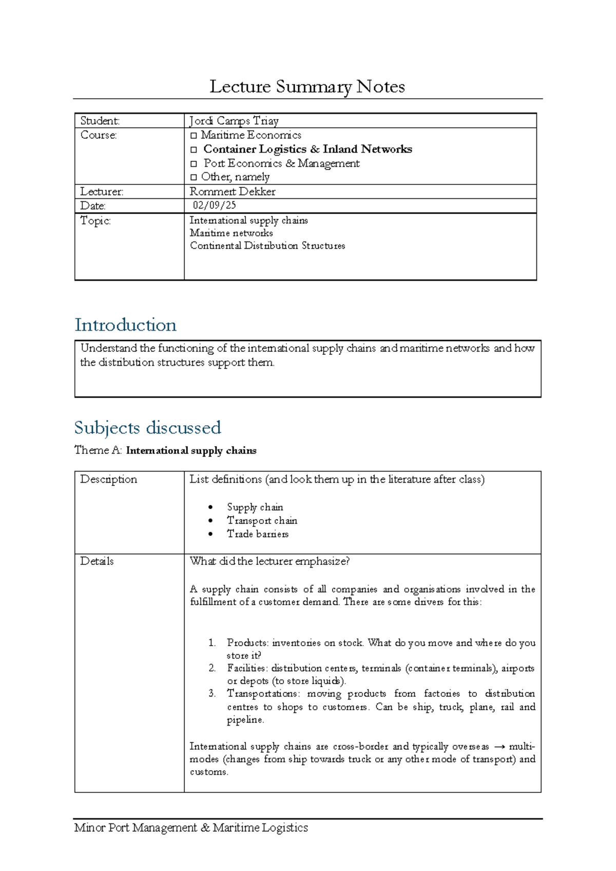 Lecture Notes: Port Management & Maritime Economics (Week 2) - Studeersnel