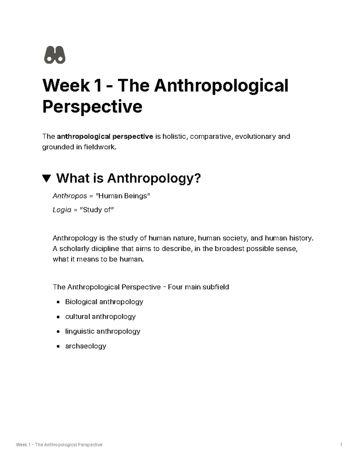 Introduction to Anthropology: Week 1 - The Anthro Perspective - Studocu