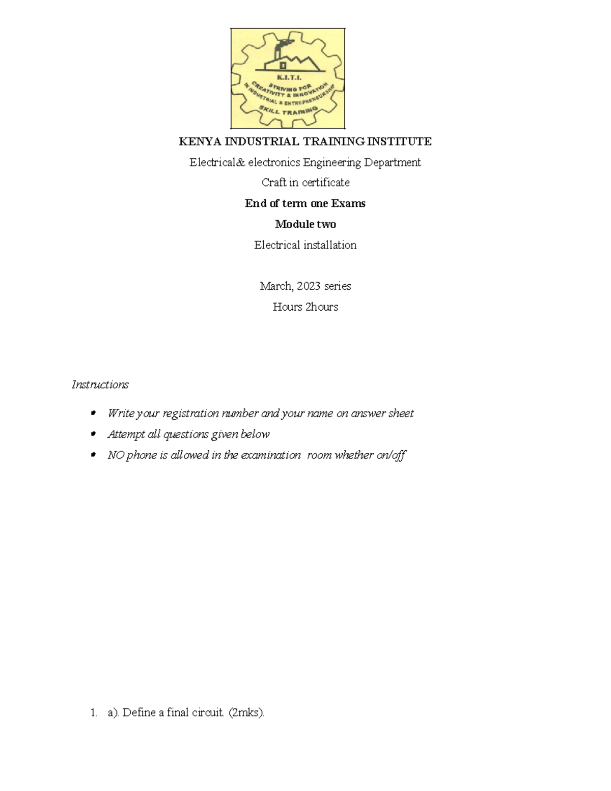 Electrical Installation - KENYA INDUSTRIAL TRAINING INSTITUTE ...