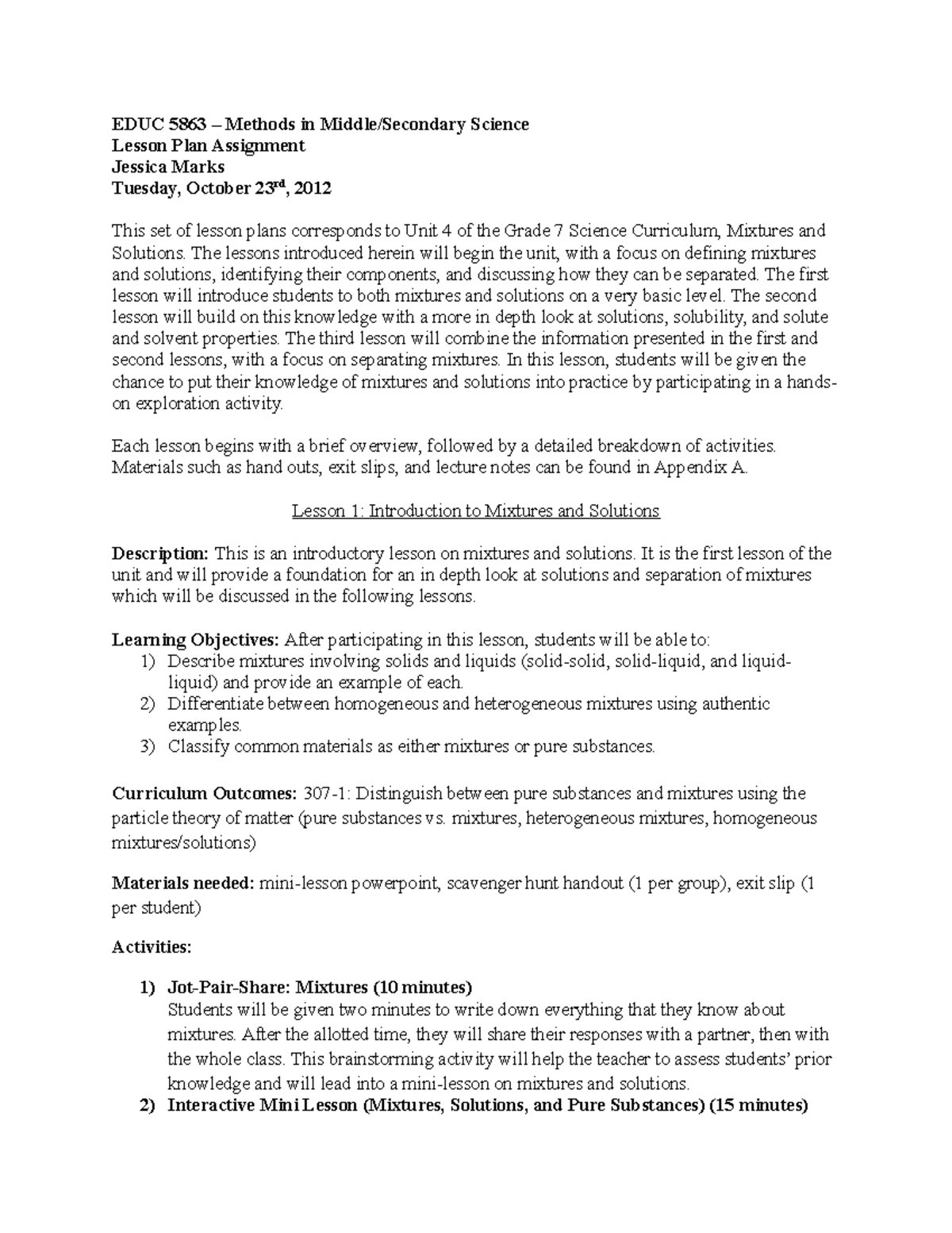 EDUC 5863 - Mixtures and Solutions: Comprehensive Lesson Plan - Studocu