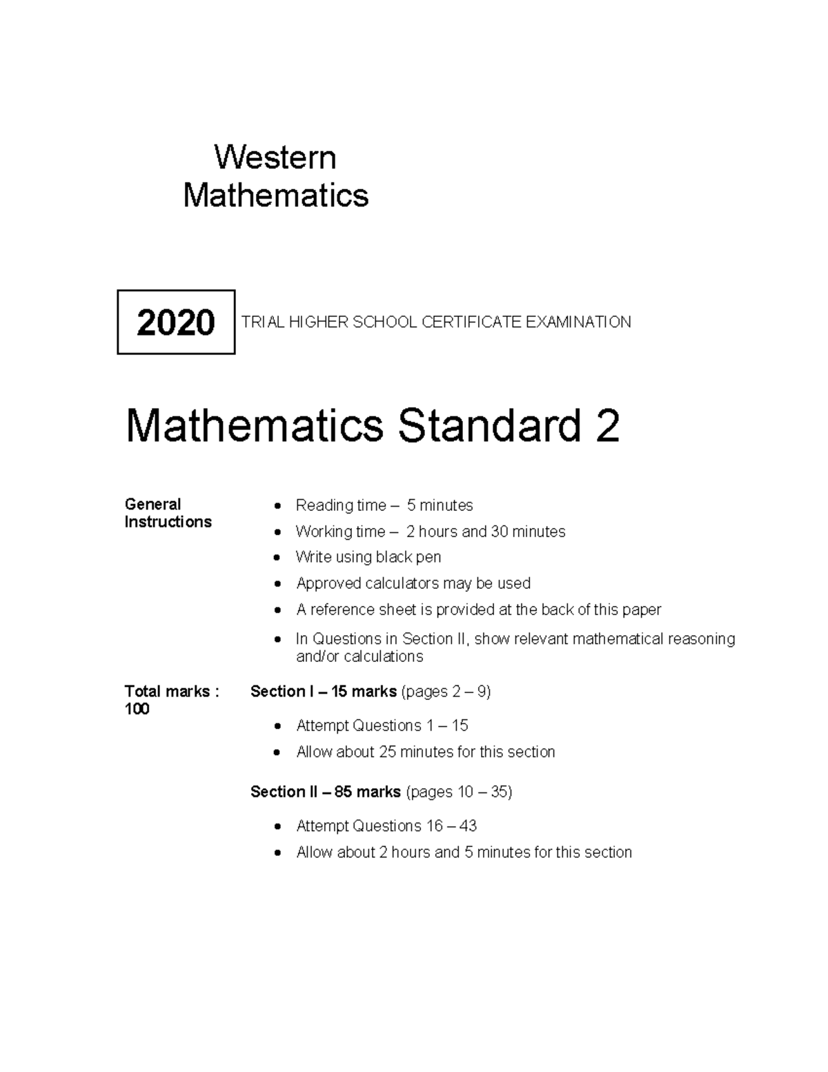 Western Mathematics 2020 Trial HSC Exam - Mathematics Standard 2 ...