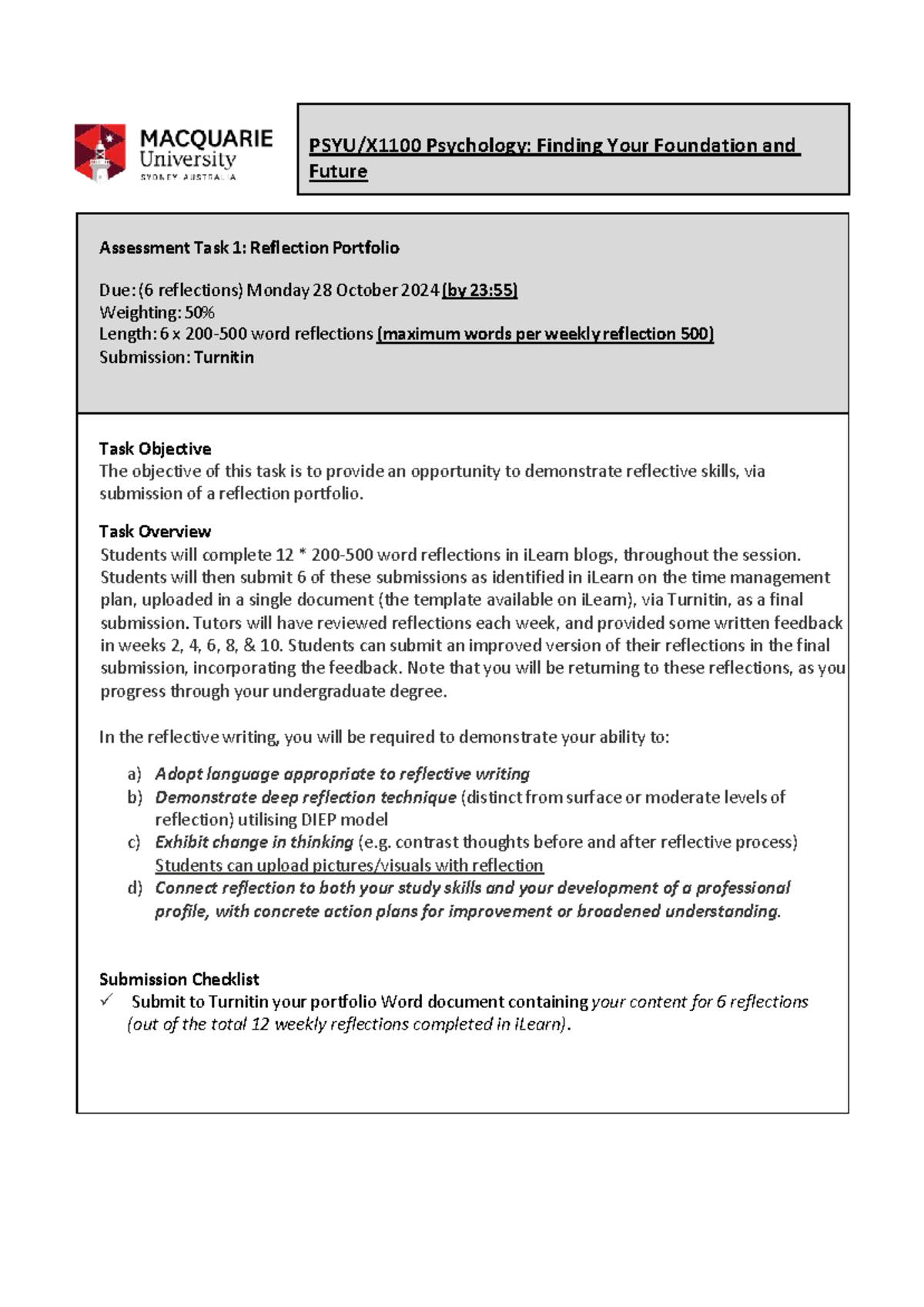 Psychology Reflection Portfolio Task 1: 6 Weekly Reflections - Studocu