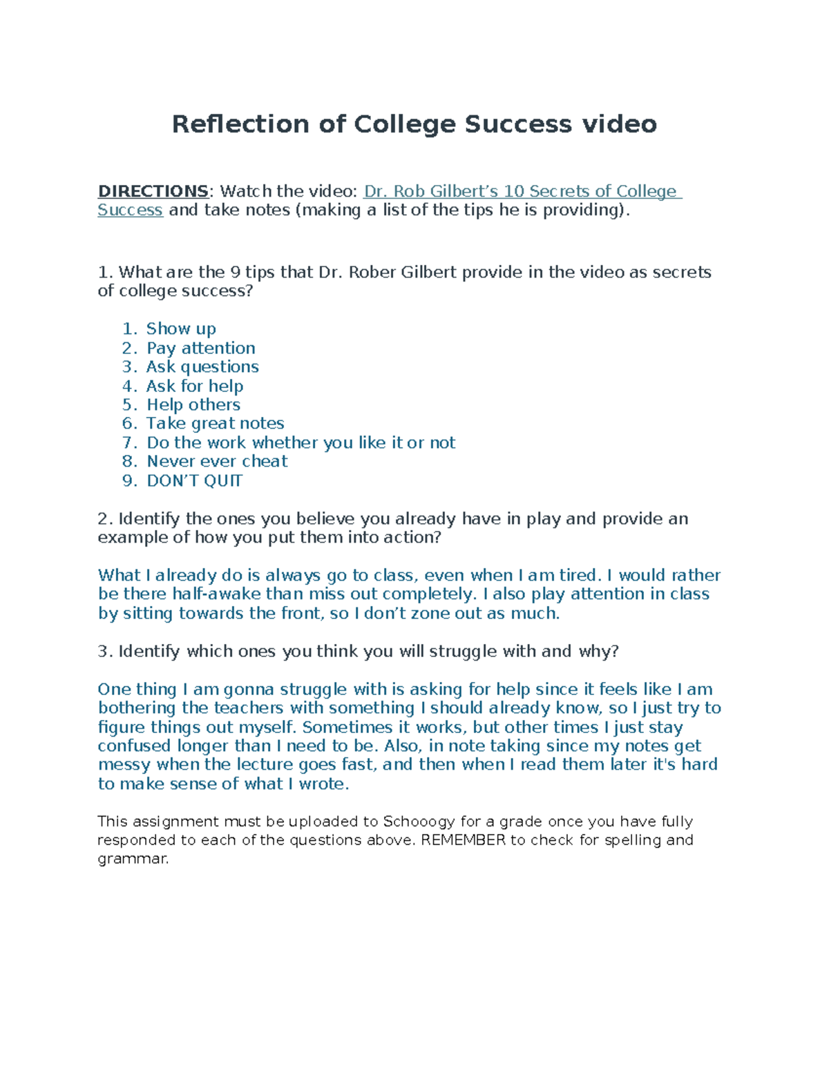 Reflection on Dr. Rob's 10 Secrets of College Success - Studocu