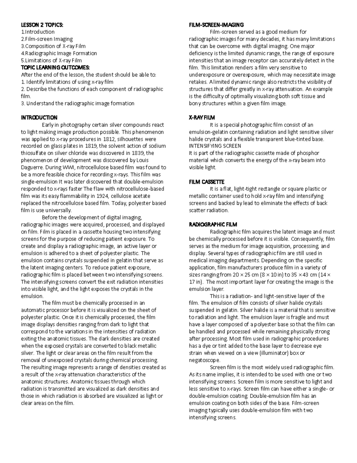 Lesson 2: FILM Screen Imaging in Radiography Techniques - Studocu
