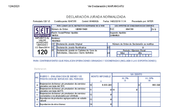 Declaración Jurada Normalizada Formulario 120 V3 - DIC2018 - Studocu