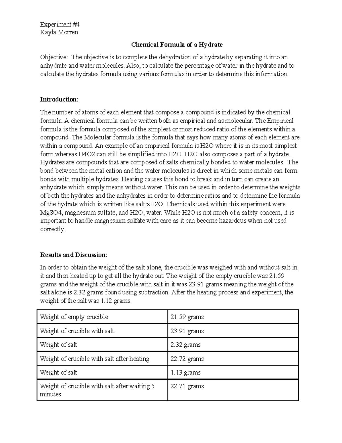 Lab Report: Determining the Chemical Formula of a Hydrate - Experiment ...