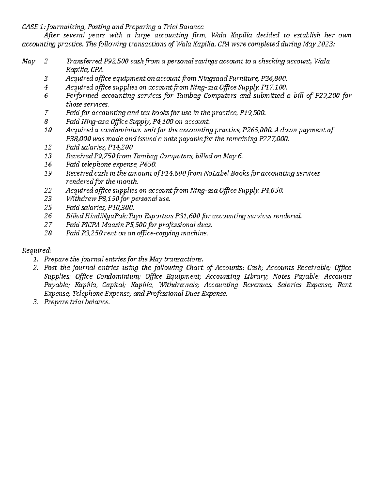Title: Accounting Practices: Journalizing and Trial Balance Cases (ACCT ...