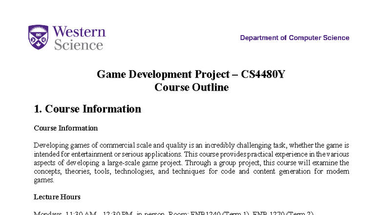 CS4480Y Game Development Project Course Outline 2025 - Studocu