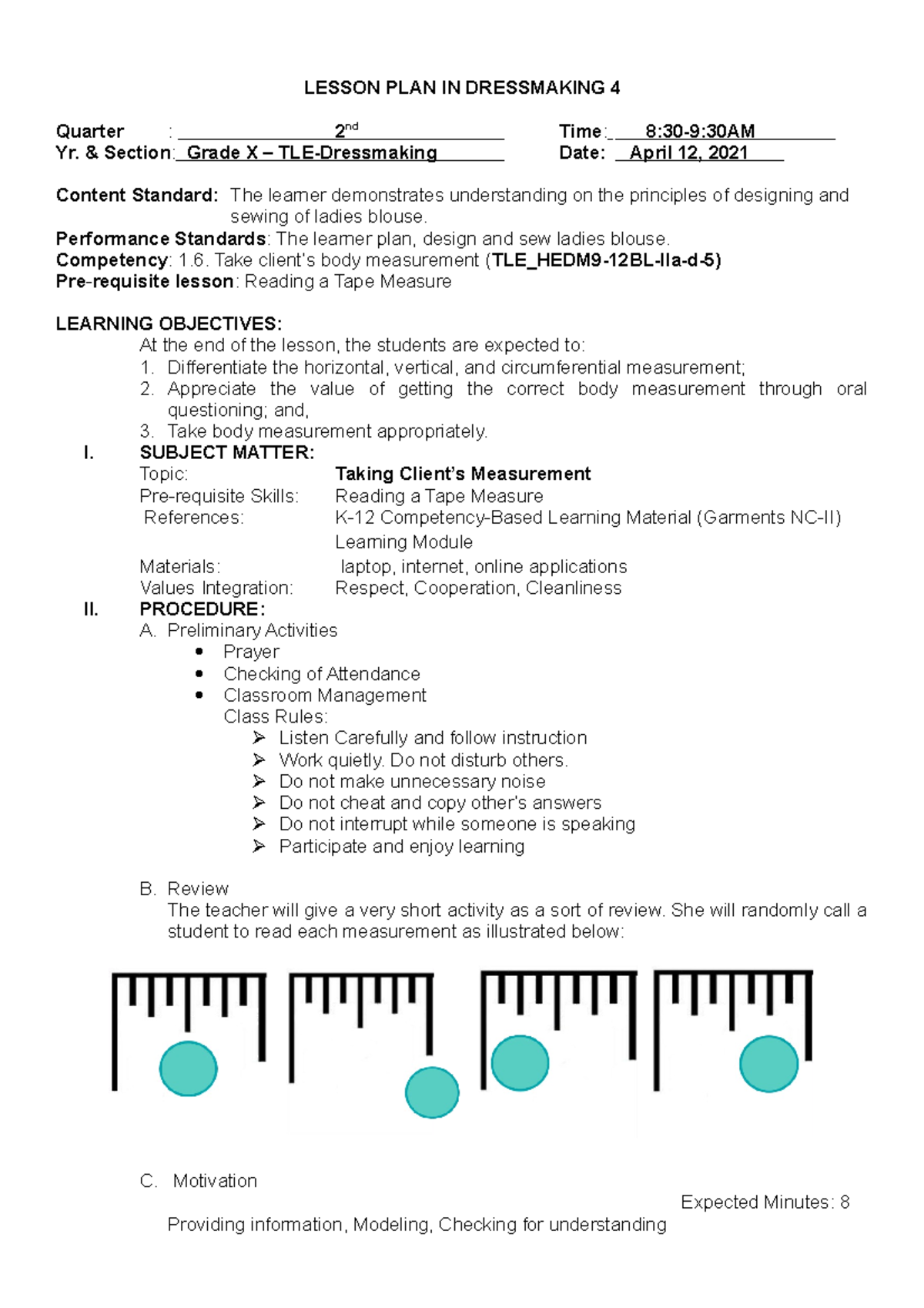 TLE-Dressmaking Lesson Plan: Taking Client's Body Measurements - Studocu