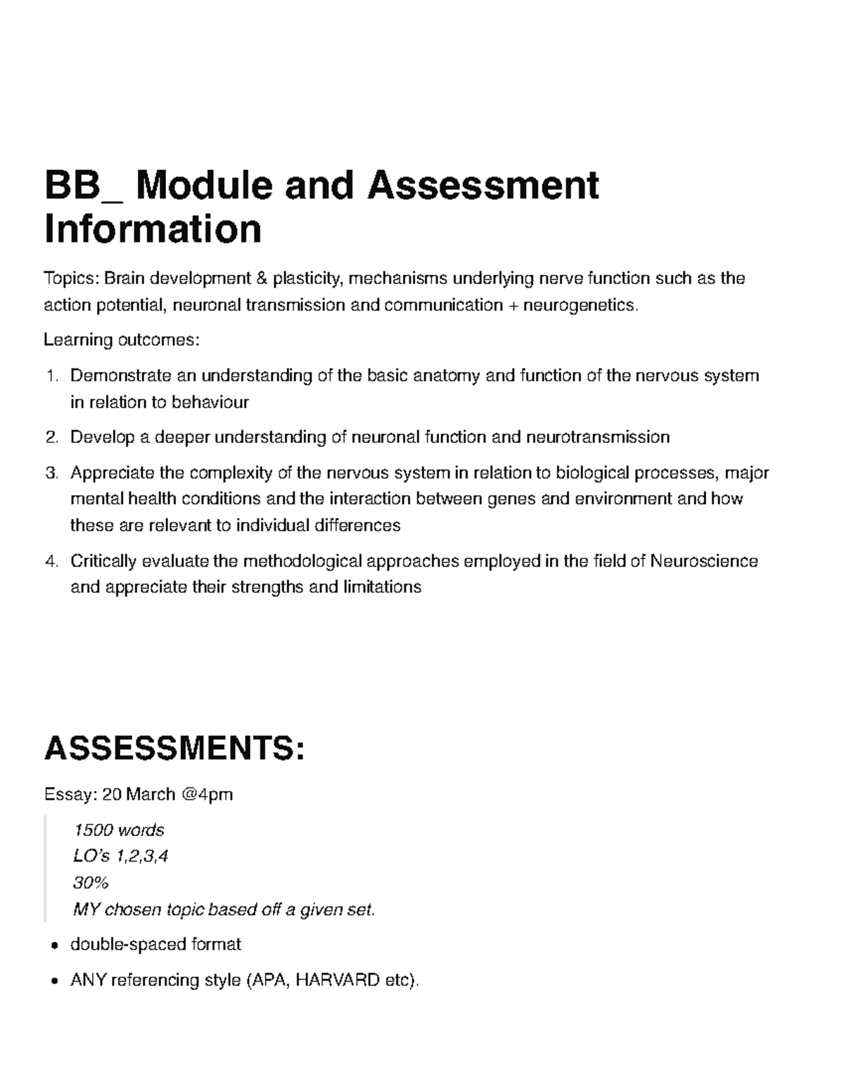 BB Module: Neuroscience Assessment & Learning Outcomes Overview - Studocu