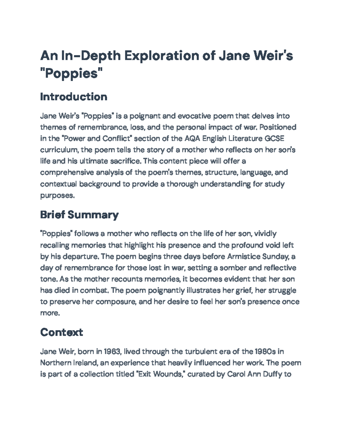 Comprehensive Analysis of Jane Weir's "Poppies": Themes and Structure ...