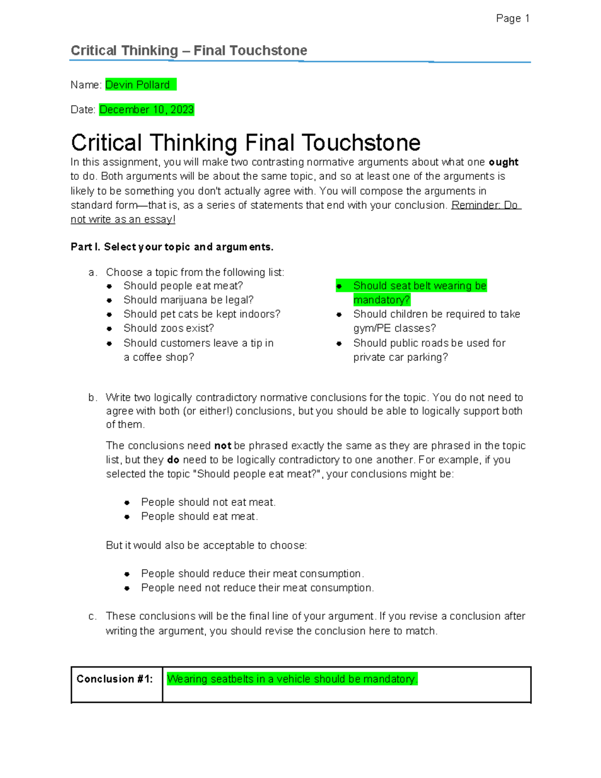 Critical Thinking CT4: Final Touchstone on Normative Arguments - Studocu