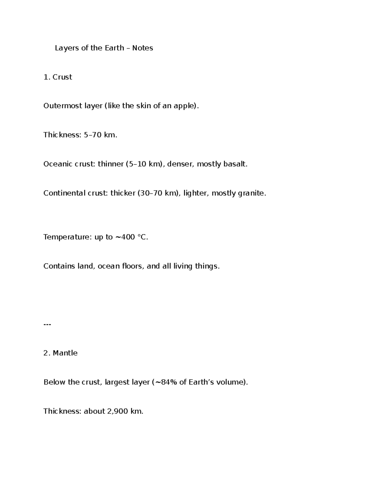 Earth's Layers Overview: Crust, Mantle, and Core Notes - Studocu