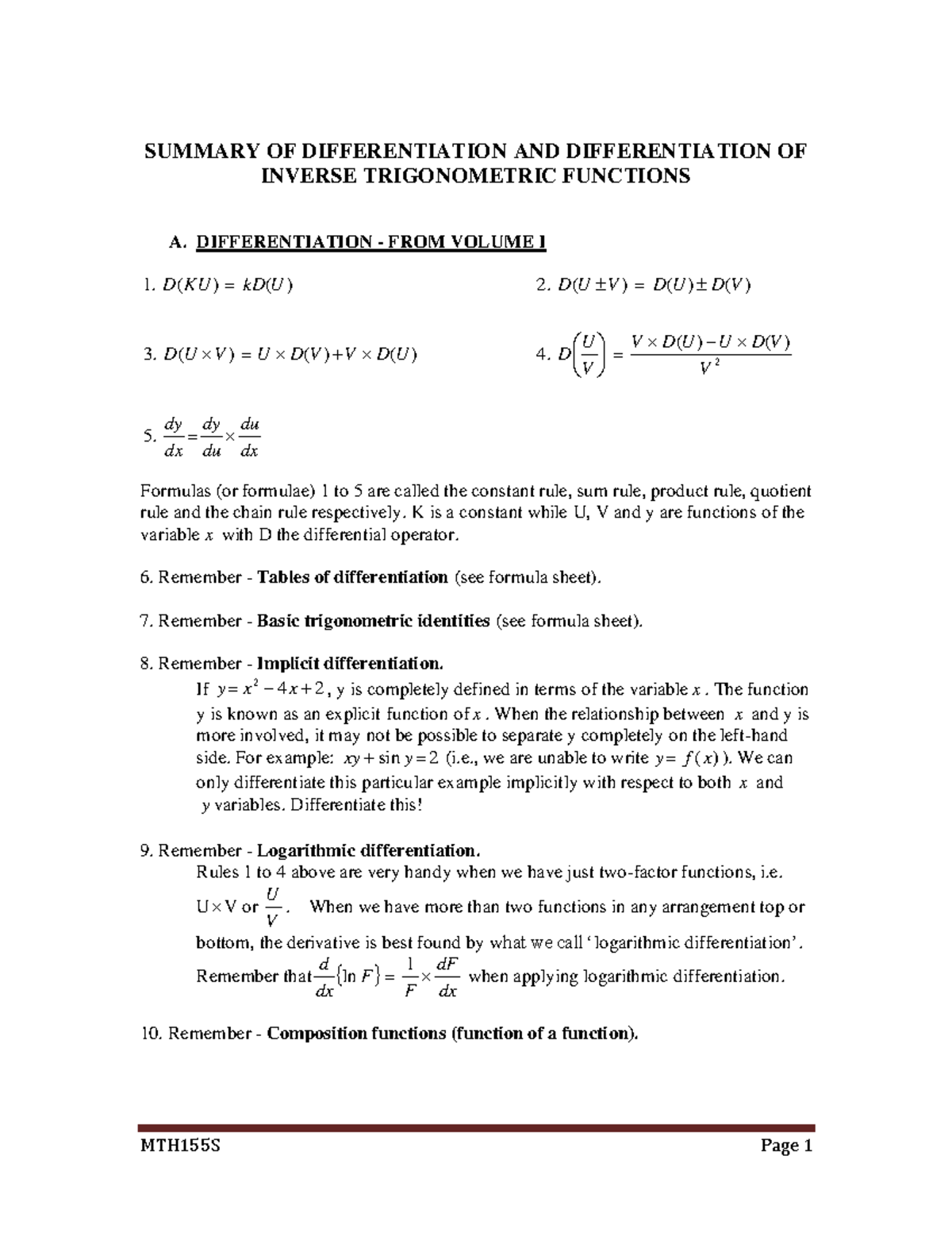 Differentiation & Inverse Trig Functions Summary (MAT109S) - Studocu