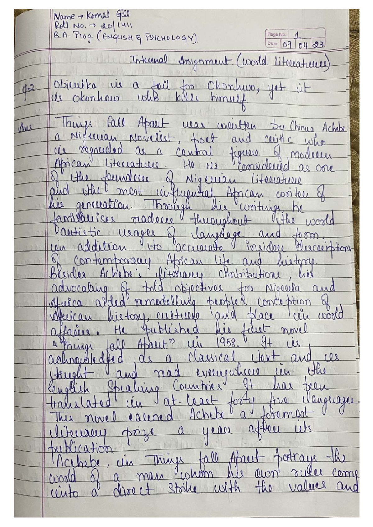 English Assignment Sem 6: Analysis of Achebe's "Things Fall Apart ...