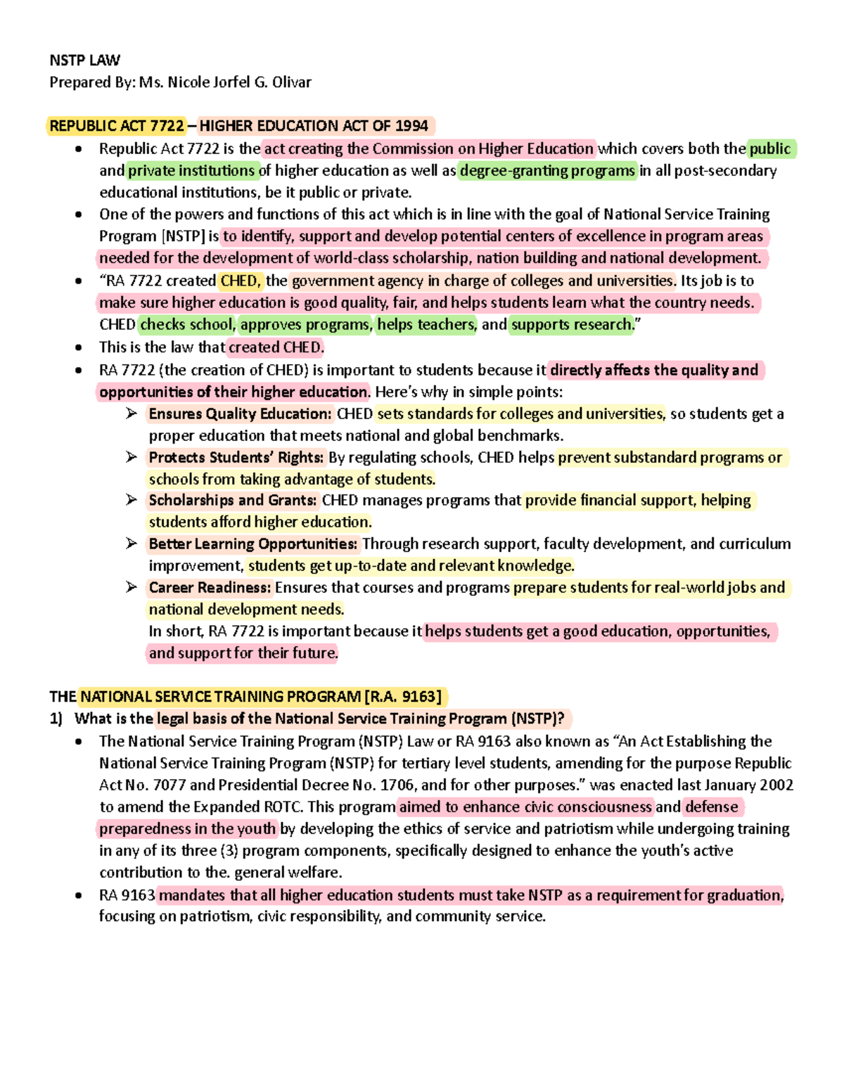 NSTP LAW: Overview of Republic Acts 7722 & 9163 and Their Impact - Studocu