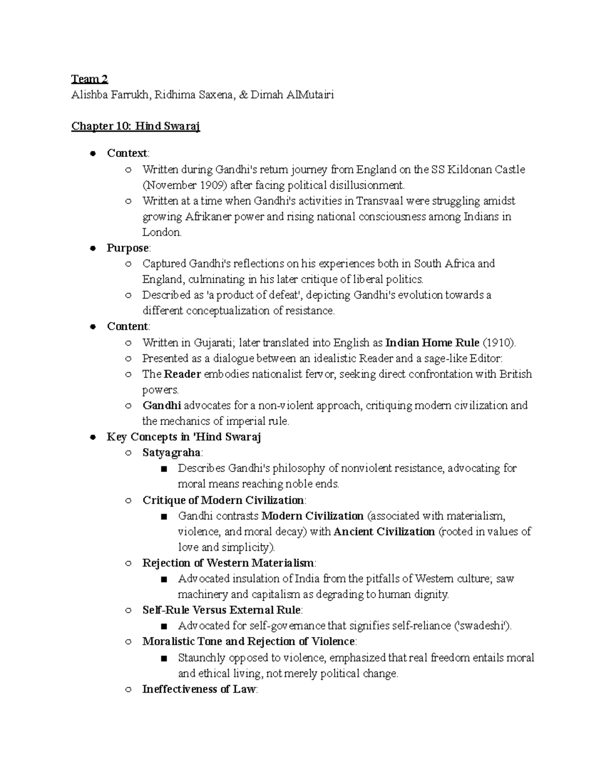 HIS 2160 B, Wk 6 Team Quiz 2: Insights from Chapter 10 on Hind Swaraj ...