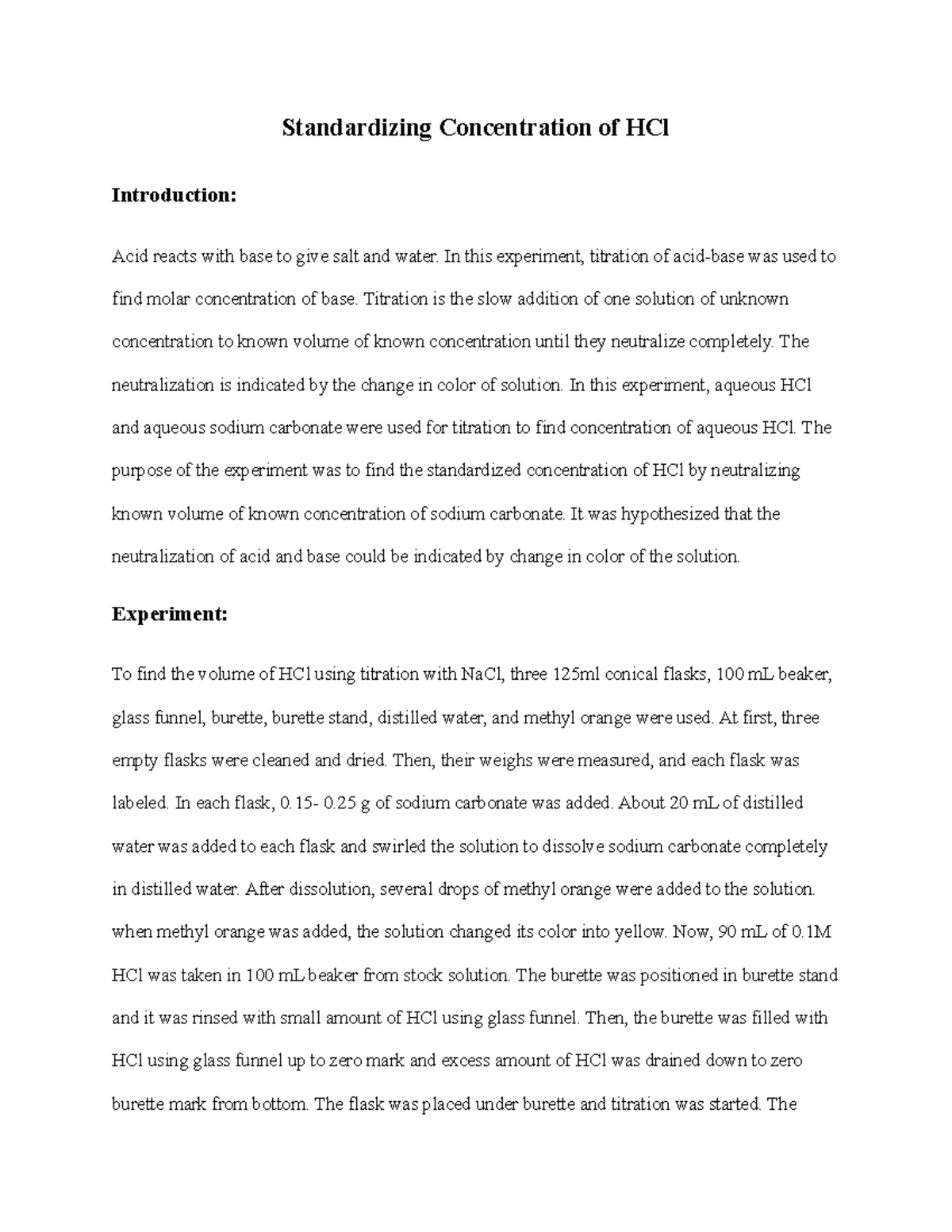 Lab Report 5: Standardizing HCl Concentration via Titration - Studocu
