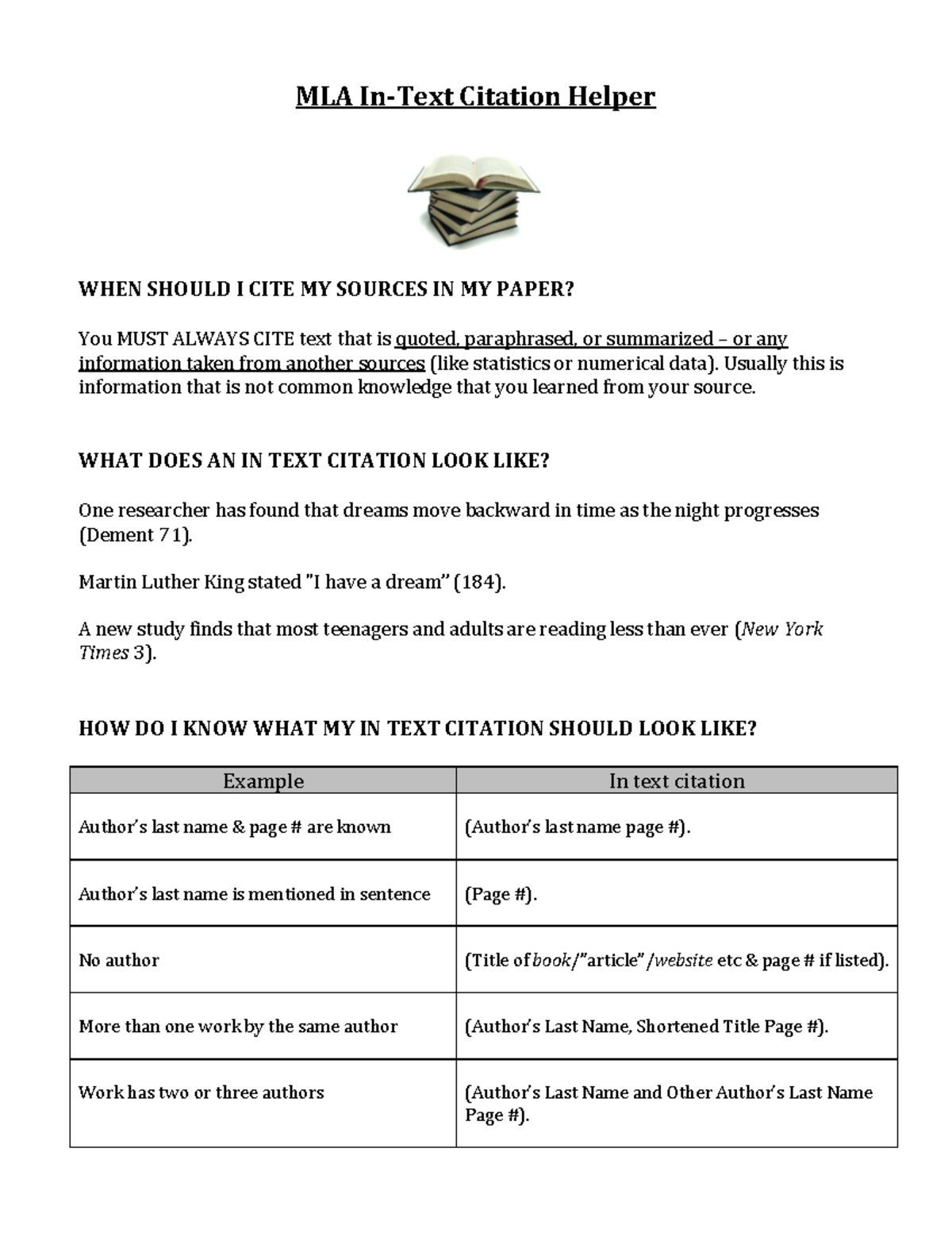 MLA In-Text Citation Practice Guide and Worksheet - Studocu