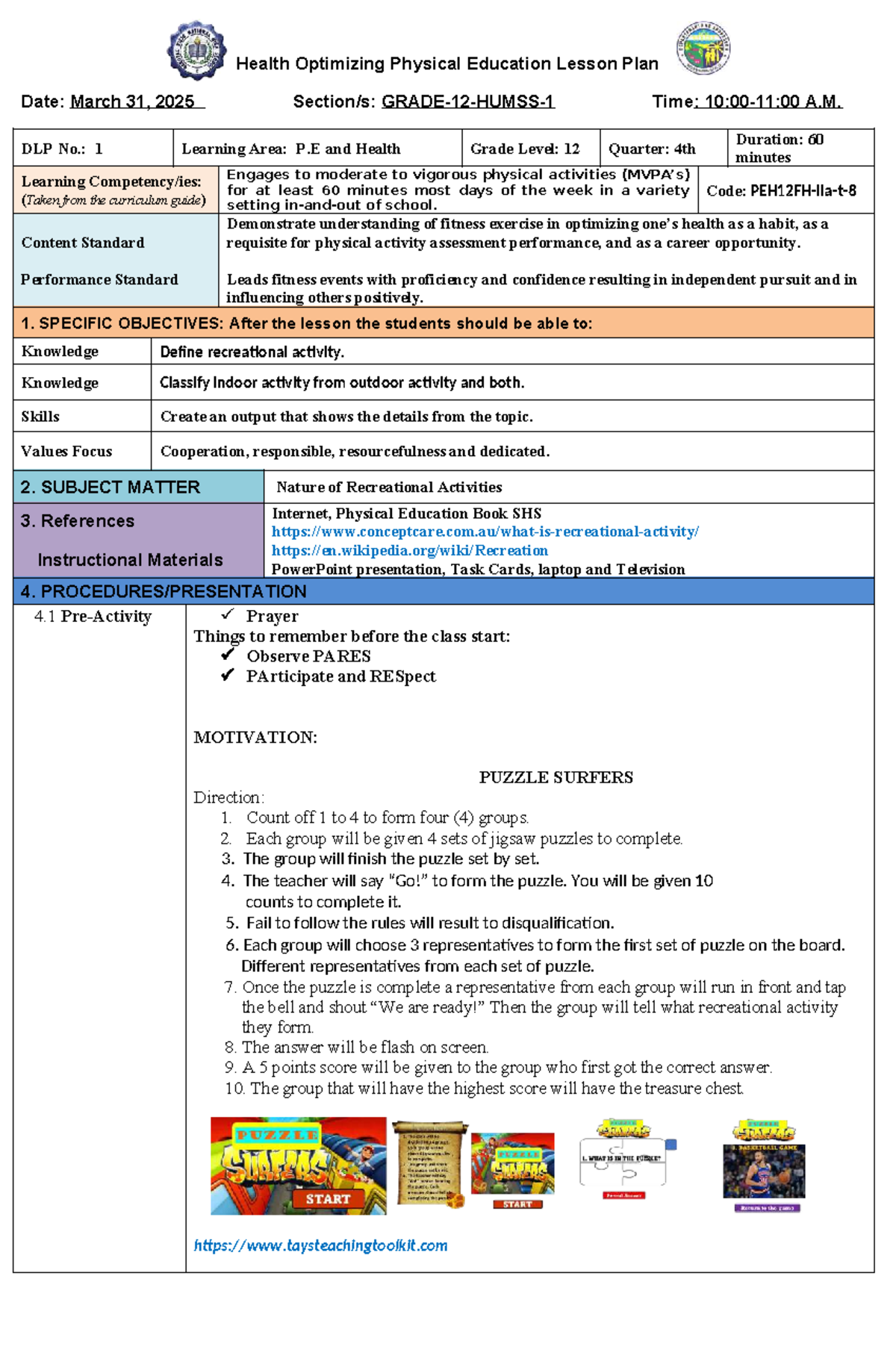 Grade 12 P.E. & Health Lesson Plan: Optimizing Recreational Activities ...