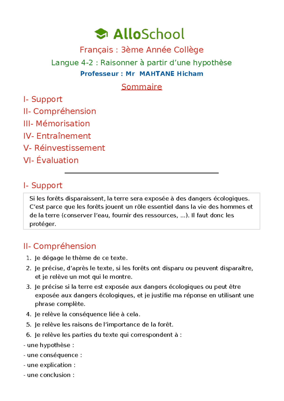 Français 3ème Année Collège : Raisonner à partir d'une Hypothèse - Studocu
