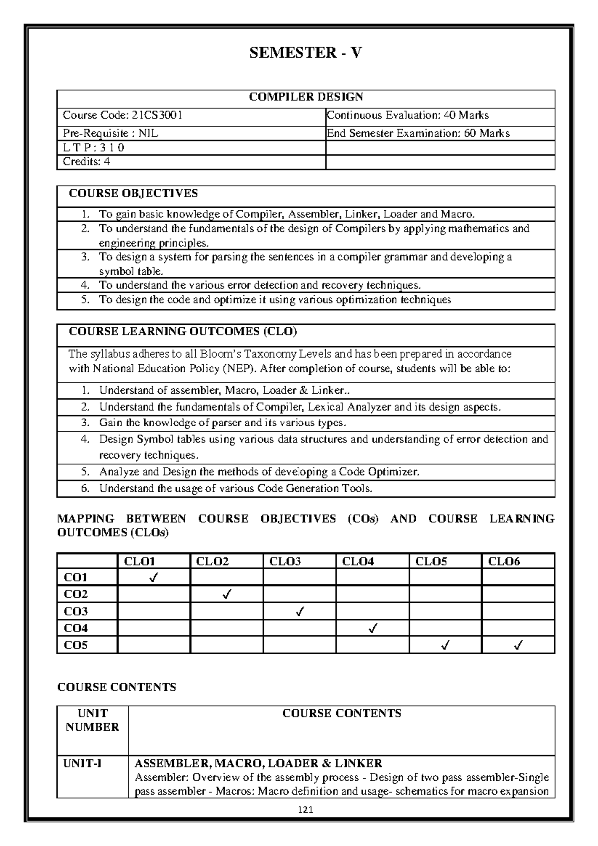 CD Syllabus - 121 SEMESTER - V COMPILER DESIGN Course Code: 21CS3001 ...