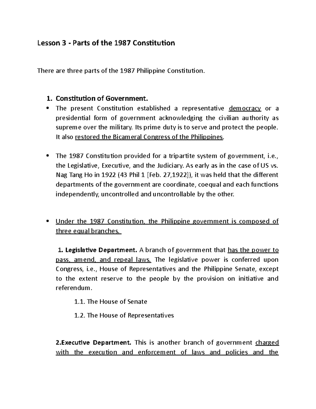 Lesson 3 - Parts of the 1987 Constitution - Lesson 3 - Parts of the ...