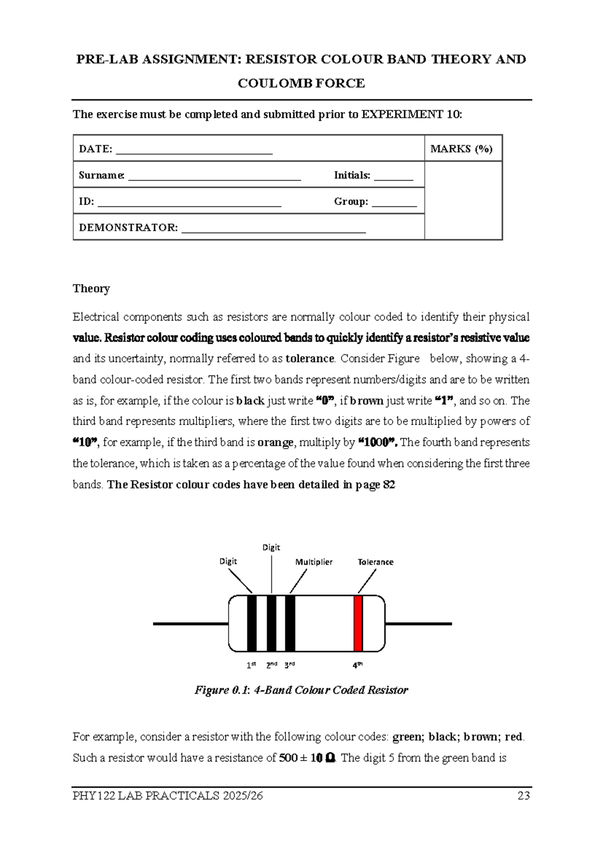 PHY122 PRE-LAB: Resistor Colour Band Theory & Coulomb Force - Studocu