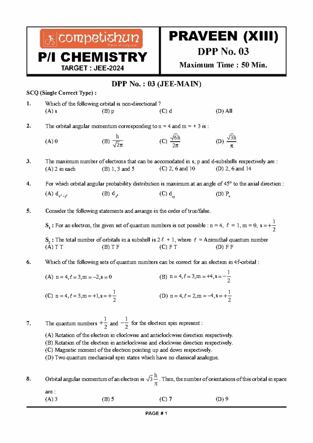 DPP No. 03: Chemistry Practice Questions and Answers - Studocu