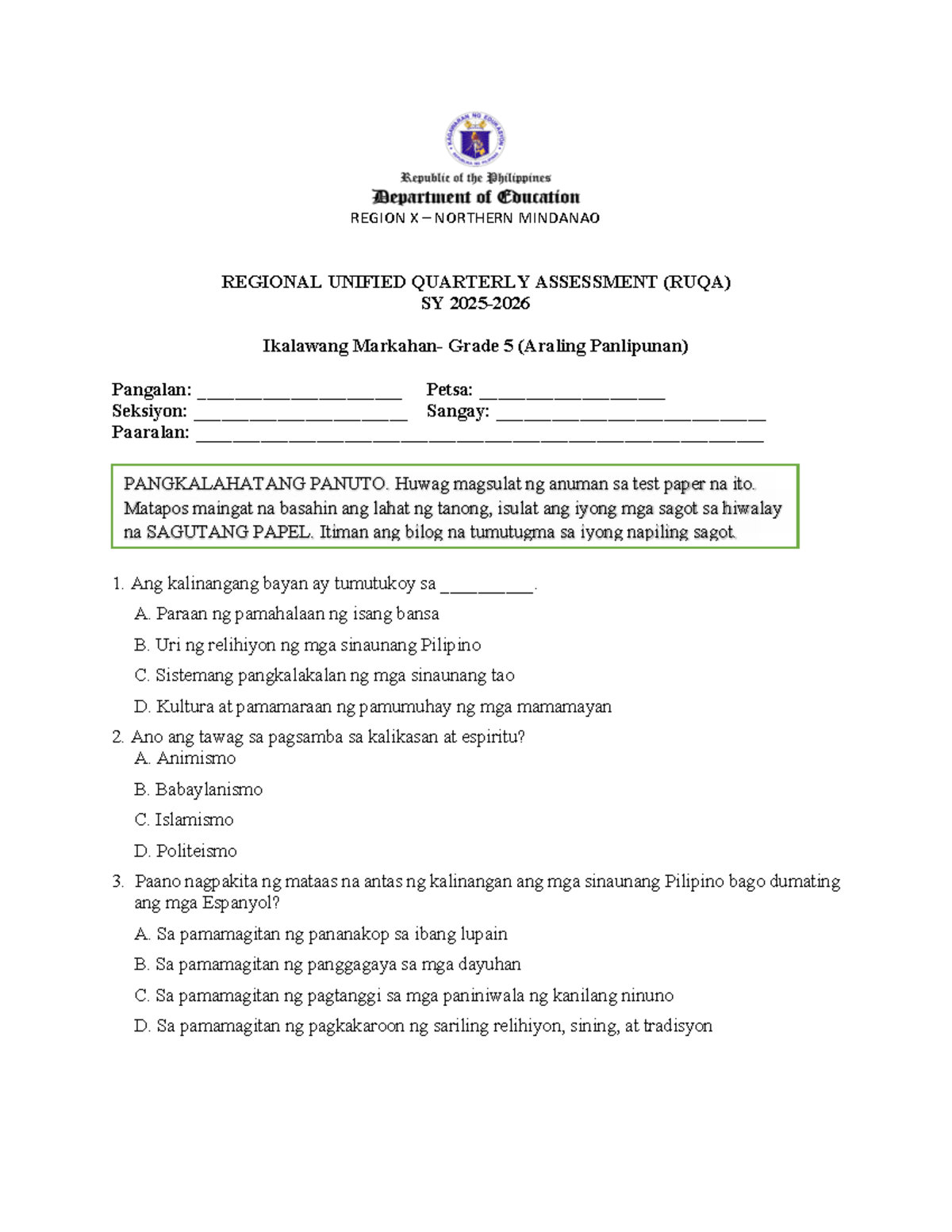 AP 5 Q2 SY 2025-2026 - Northern Mindanao Regional Assessment - Studocu