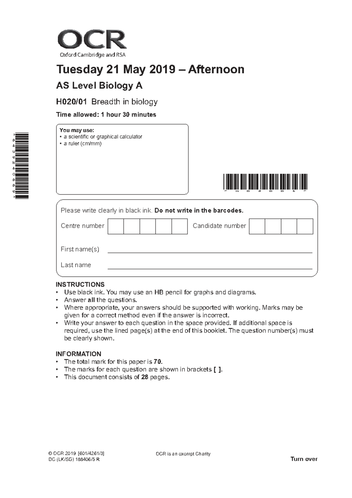 2019 AS Level Biology A Breadth Exam Paper (OCR) - Studocu