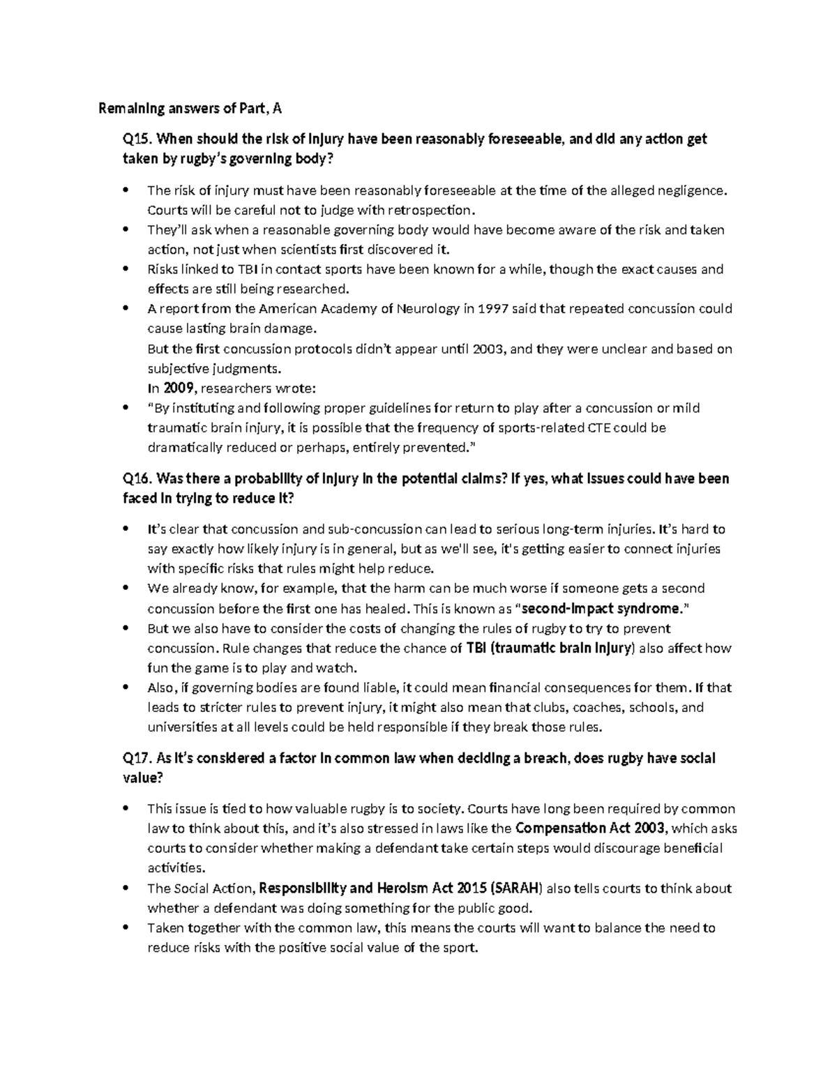 Part A Answers on Tort Law: Risk of Injury in Rugby (2025) - Studocu