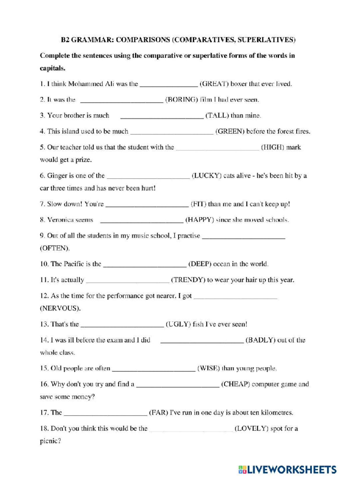 B2 GRAMMAR: COMPARISONS WORKSHEET (COMPARATIVES & SUPERLATIVES) - Studocu