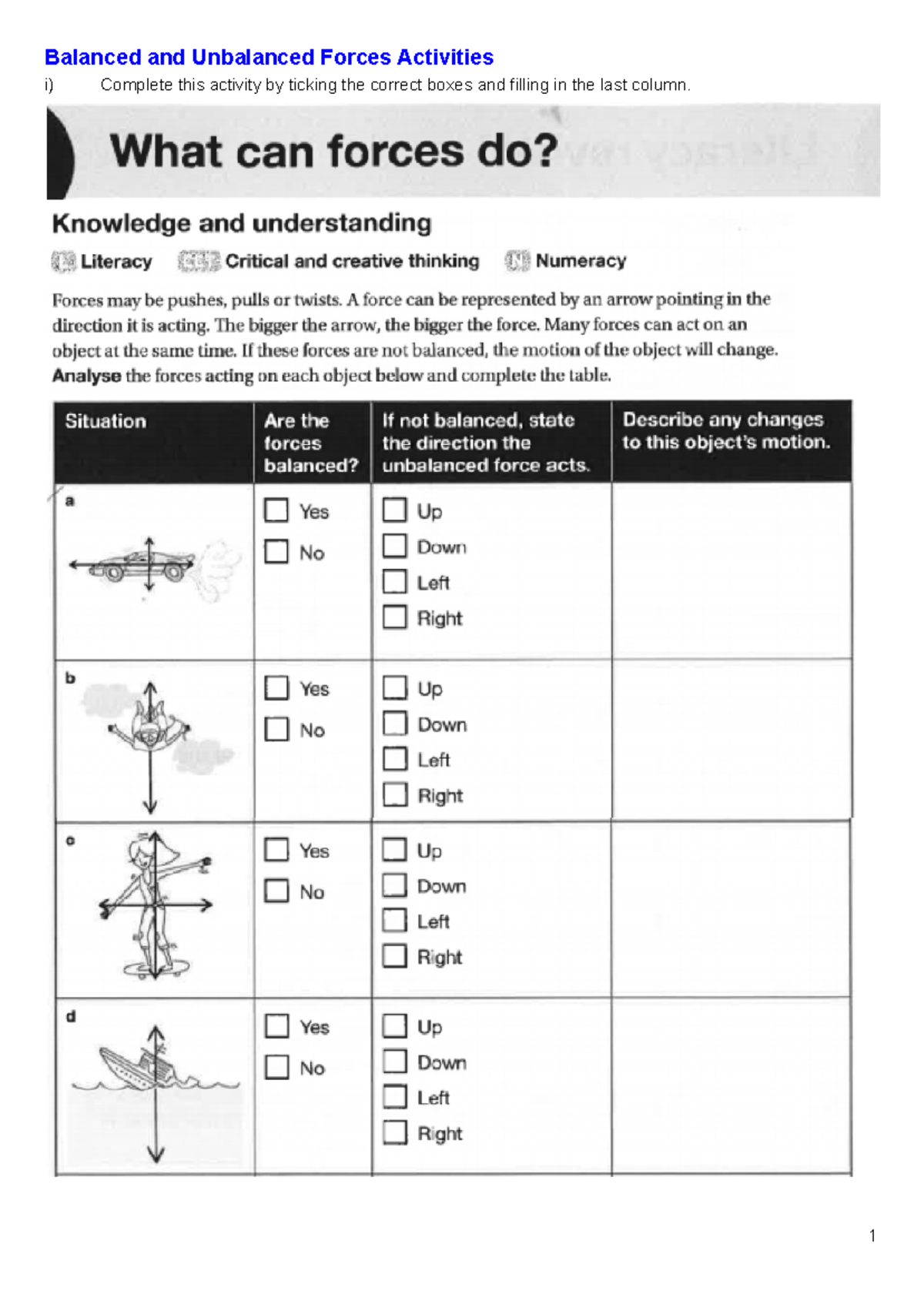Forces Activities - Practice Questions - Balanced and Unbalanced Forces ...