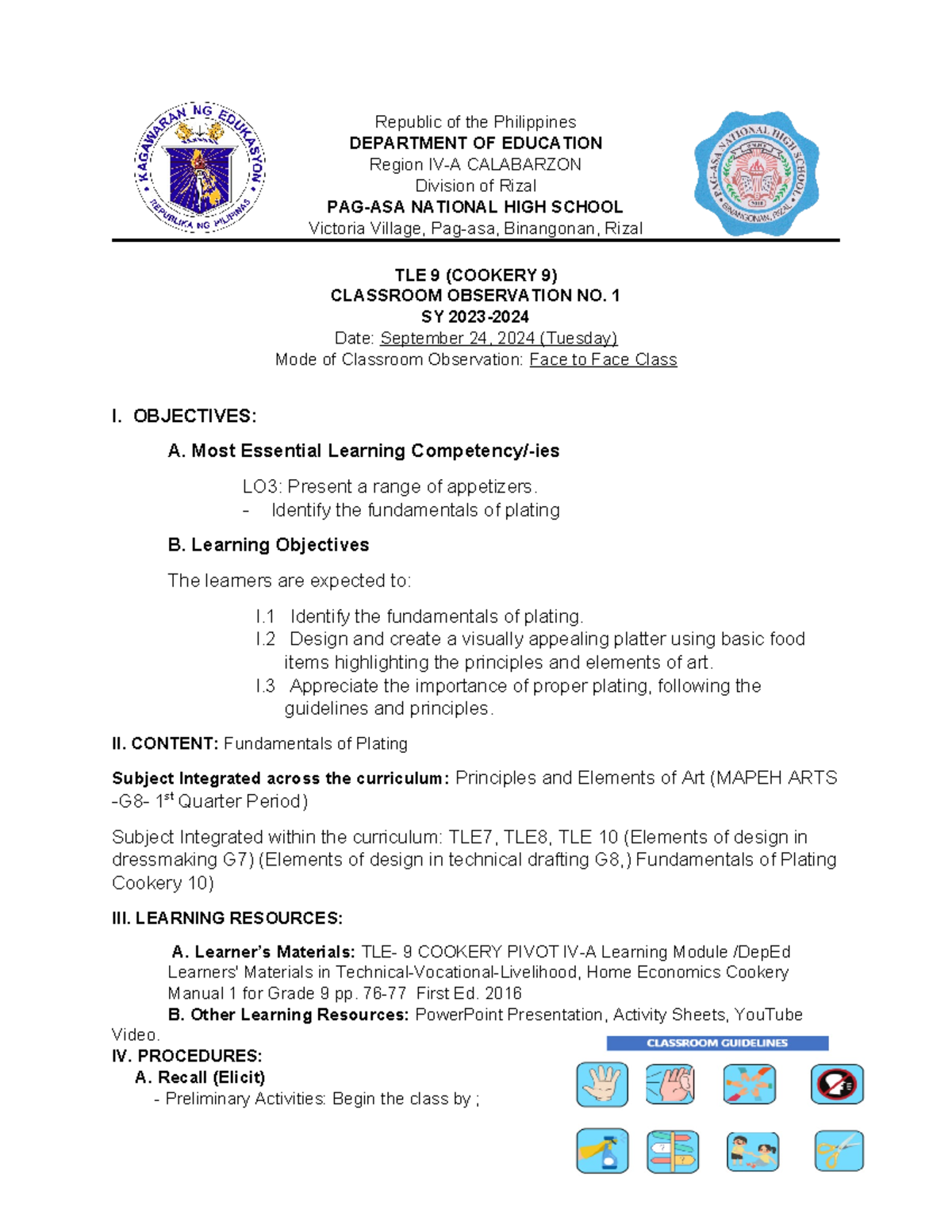 COT1 - Lesson Plan: Fundamentals of Plating in TLE 9 Cookery - Studocu