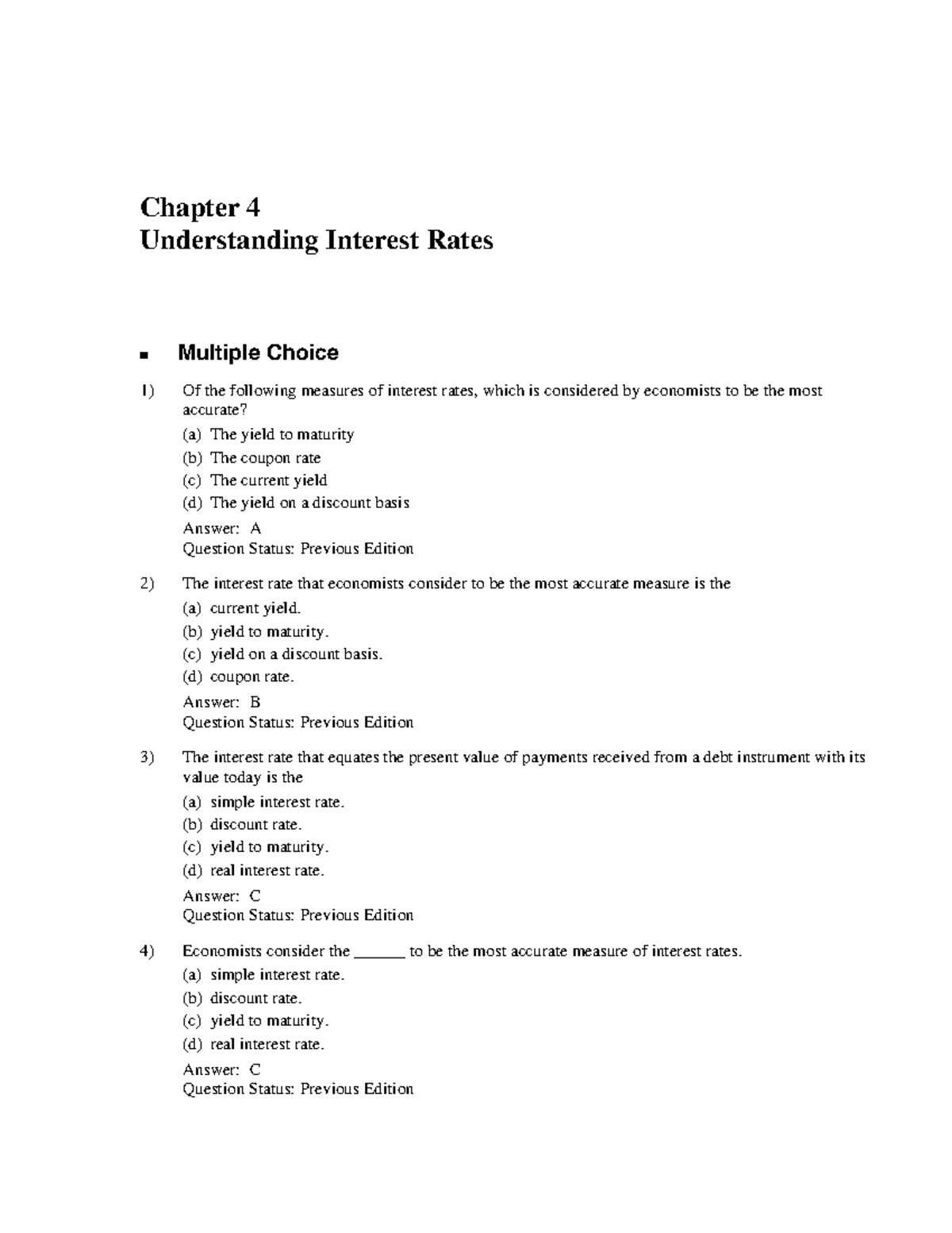 Test 4 - Chapter 4: Understanding Interest Rates Multiple Choice - Studocu