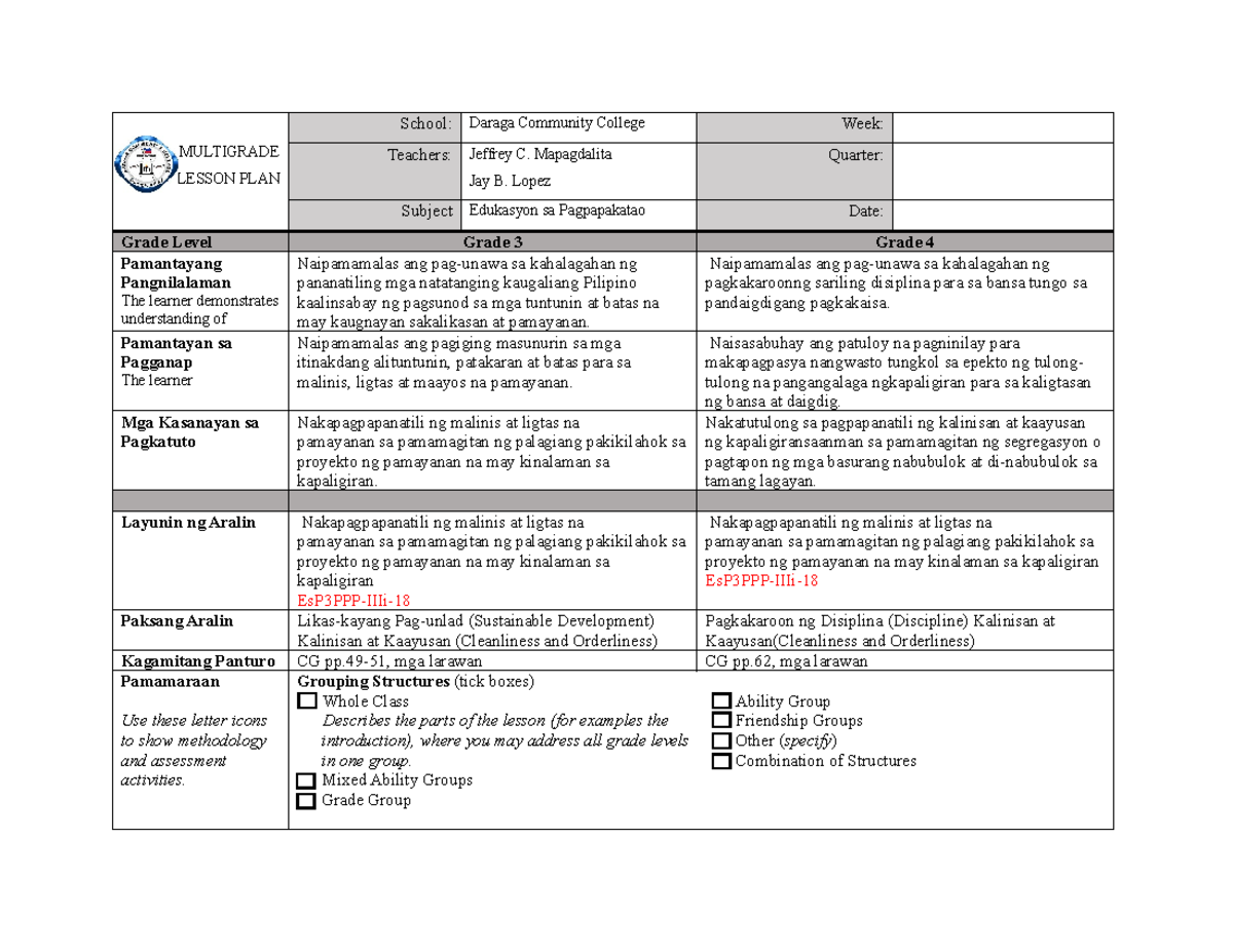 Multigrade Lesson Plan for Edukasyon sa Pagpapakatao (Grade 3-4) - Studocu