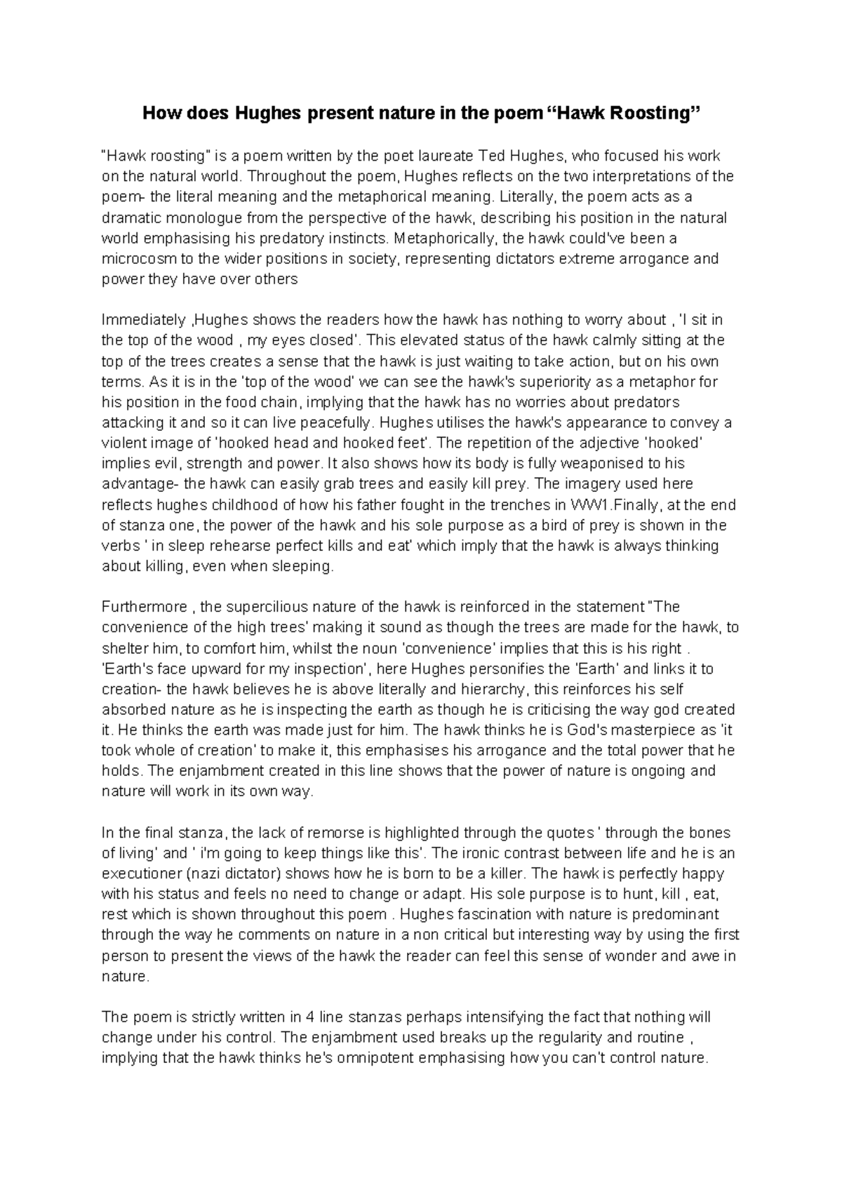 Hawk Roosting Essay Analysis - Ted Hughes (ENG 101) - Studocu