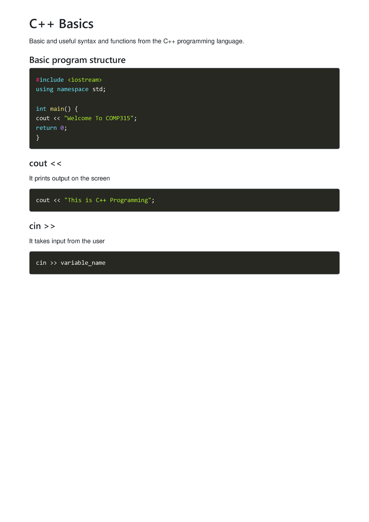 C++ Quick Reference Guide - C++ Basics Basic and useful syntax and ...